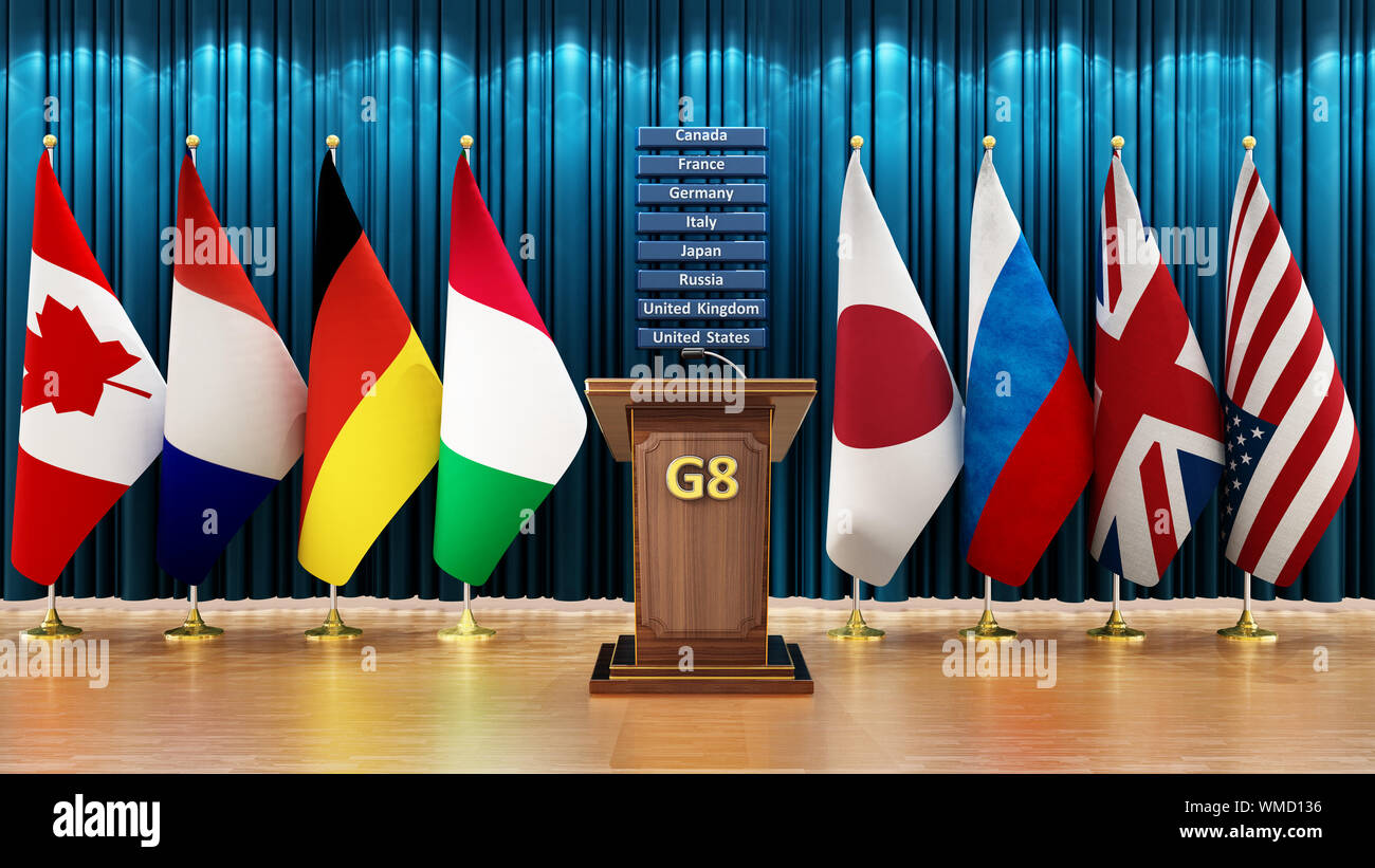 G8 country flags arranged in a conference room. 3D illustration Stock ...