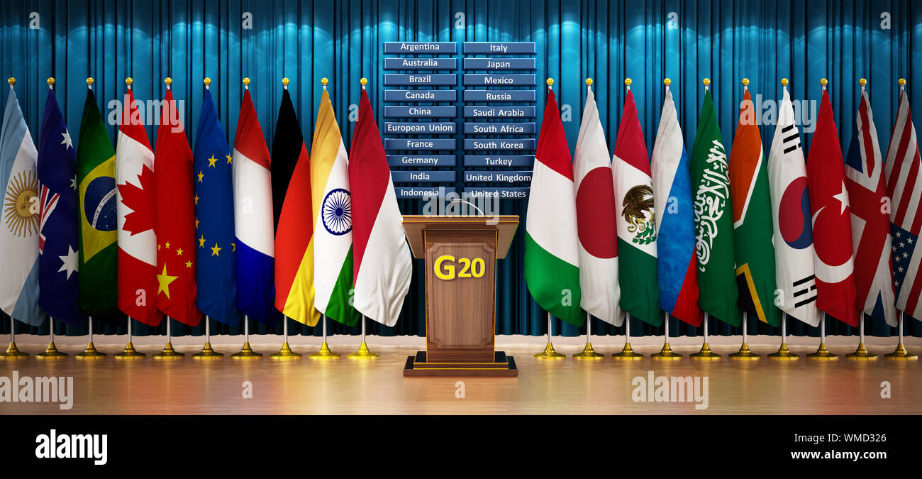 G20 country flags arranged in a conference room. 3D illustration Stock ...
