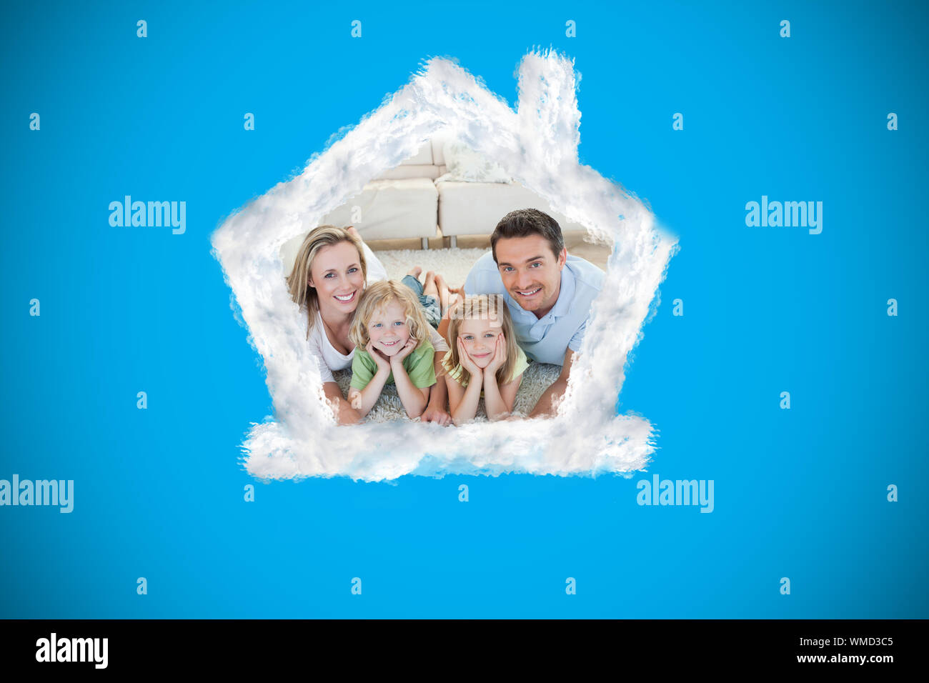 Happy family on the floor against blue background with vignette Stock ...