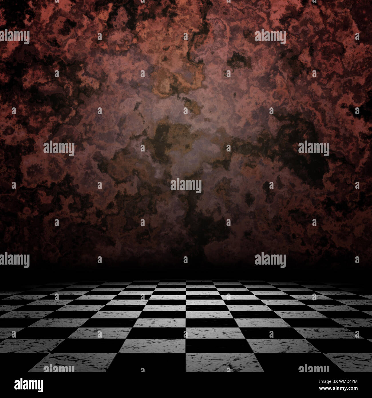 Grunge room interior with old wall and checkered floor background Stock ...