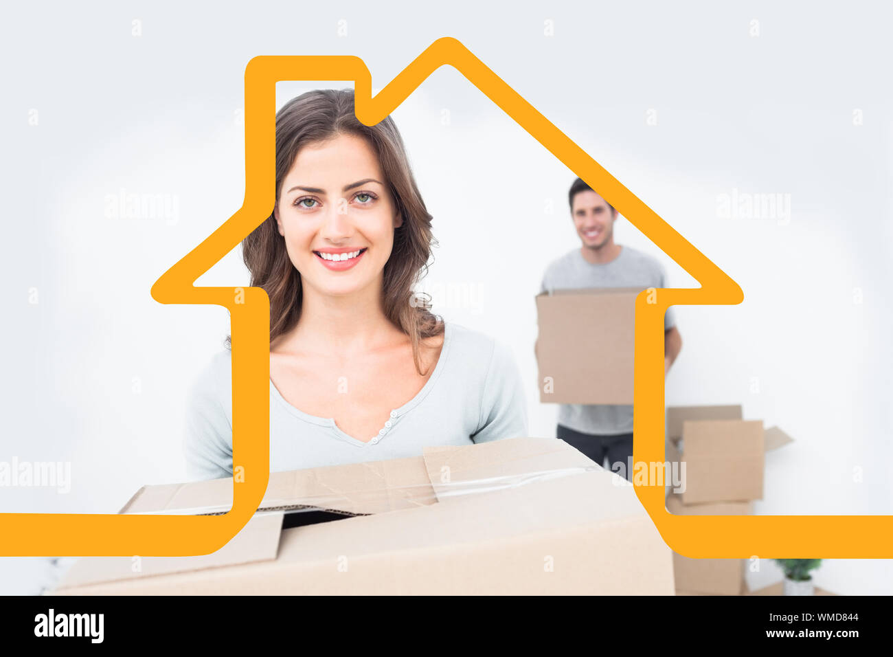 Pretty woman holding boxes in her new house against house outline Stock ...