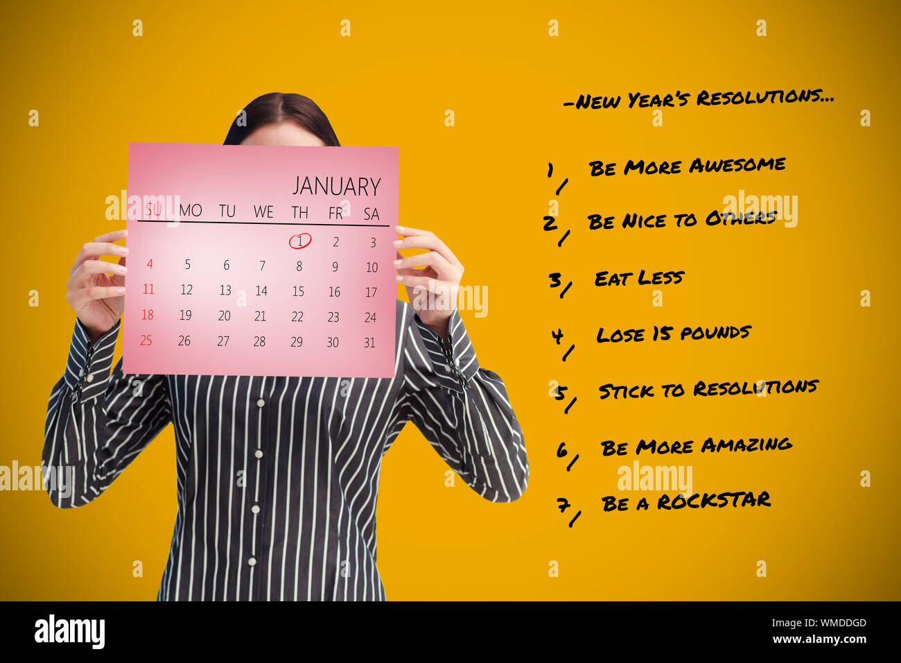 Businesswoman showing a calendar in front of her face against pink card ...