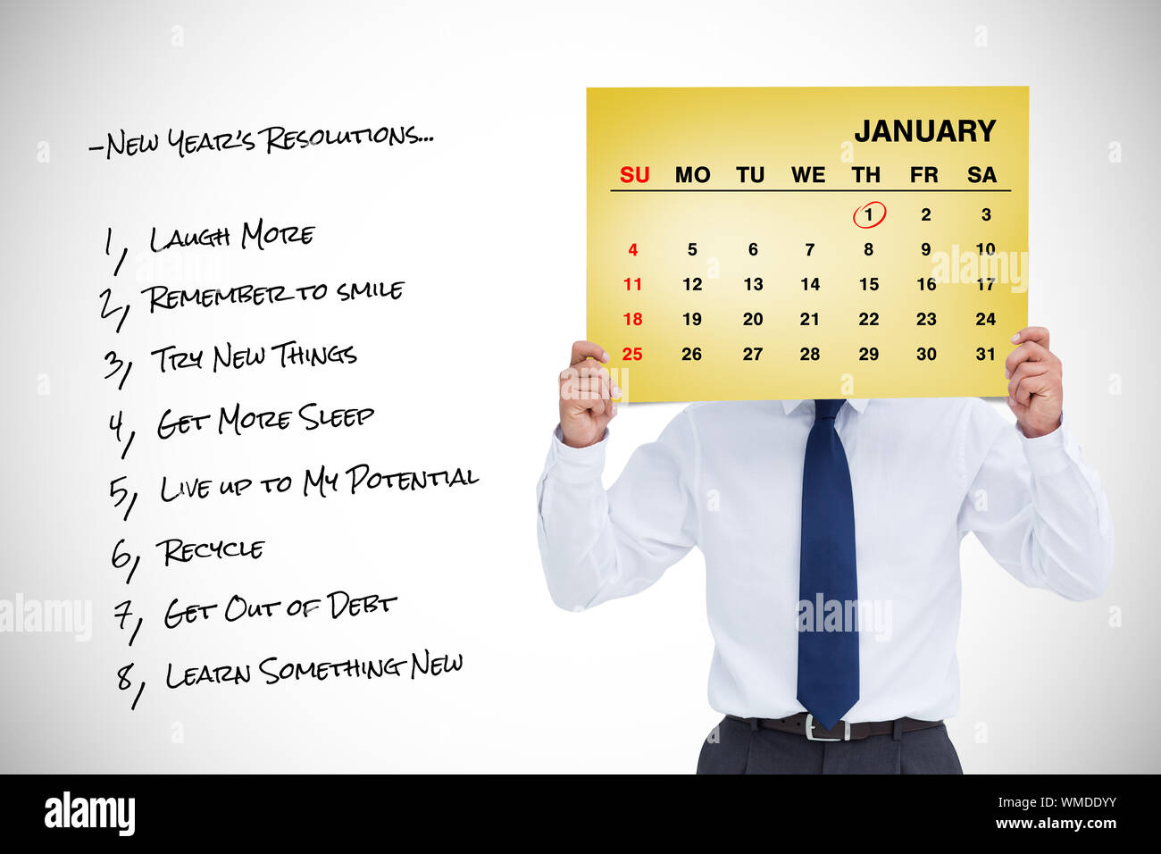 Tradesman holding calendar in front of his head against yellow card ...