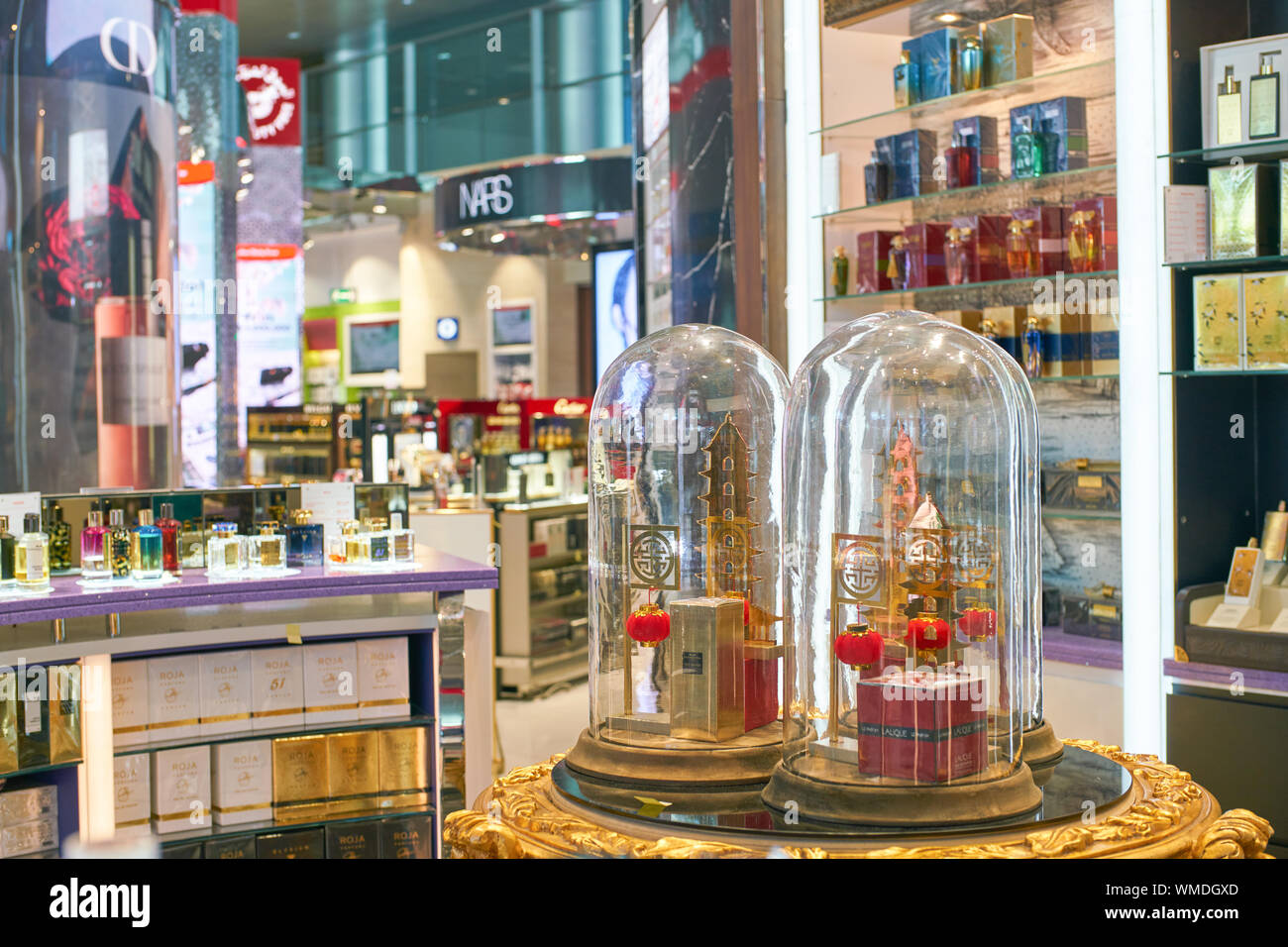 DUBAI, UAE - CIRCA FEBRUARY, 2019: perfumes on display in Duty Free at ...