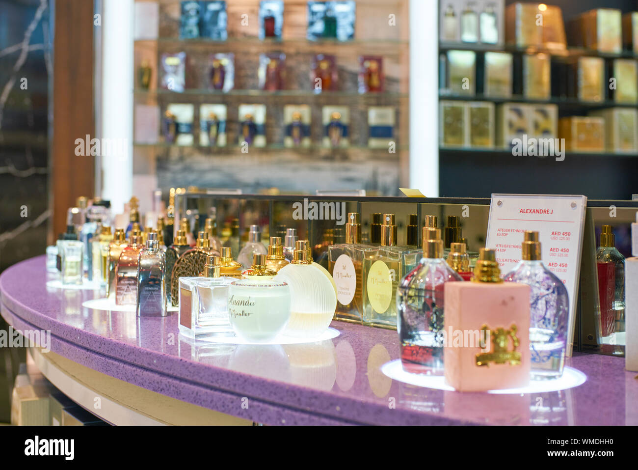 DUBAI, UAE - CIRCA FEBRUARY, 2019: perfumes on display in Duty Free at ...