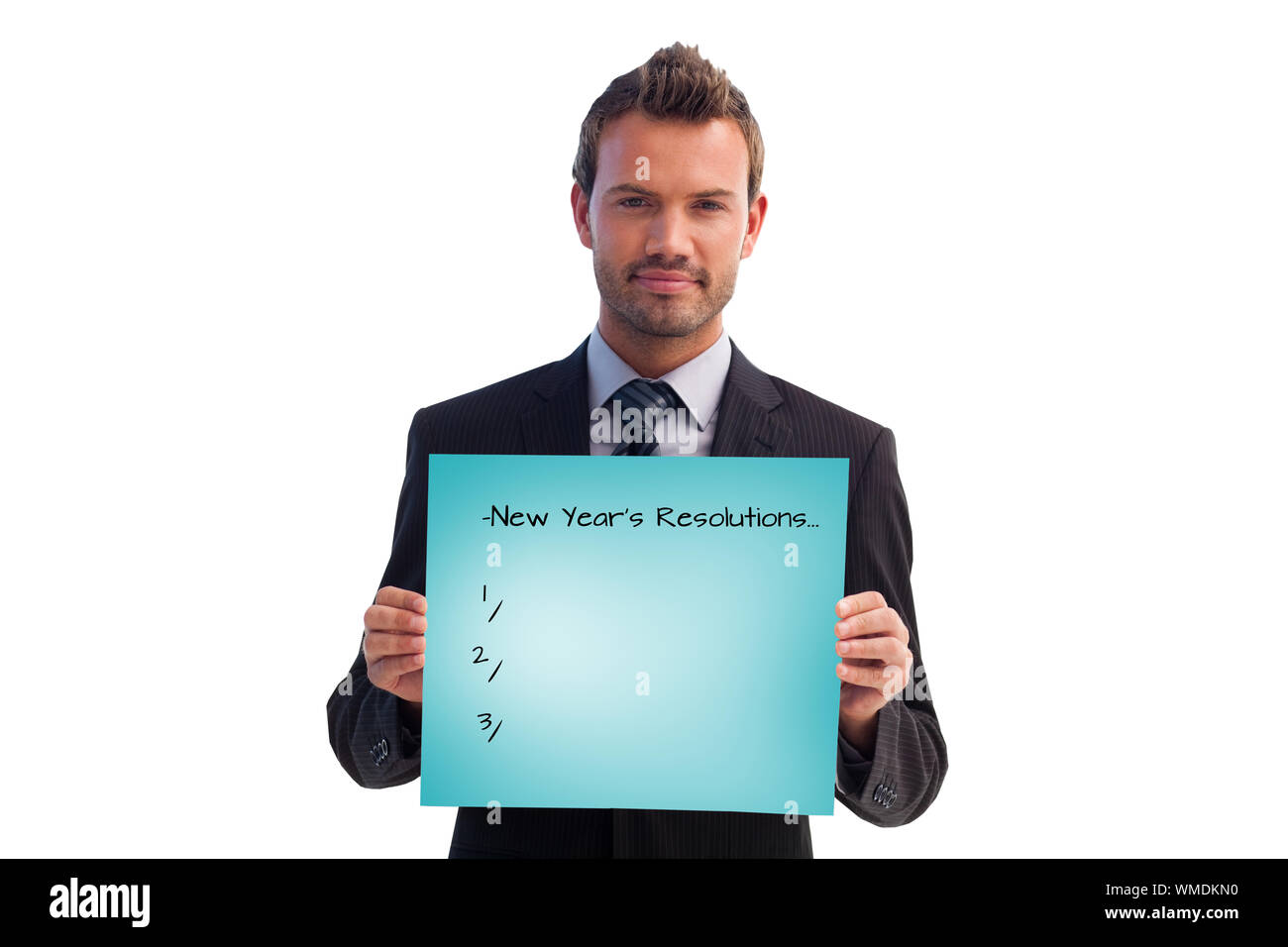 Serious businessman holding a white card against blue card Stock Photo ...