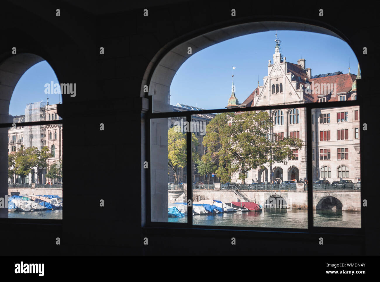 Stadthaus (CIty hall) seen through the windows of Helmhaus, Zurich ...