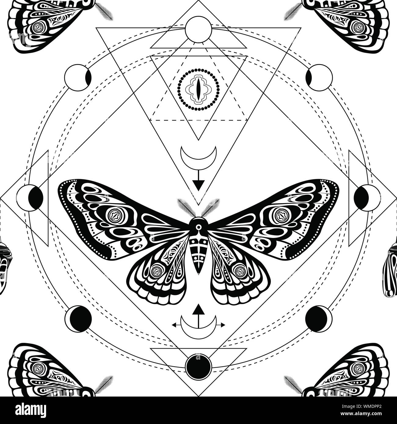 Night moth. Sacred geometry, esoteric symbols. Black and white vector ...