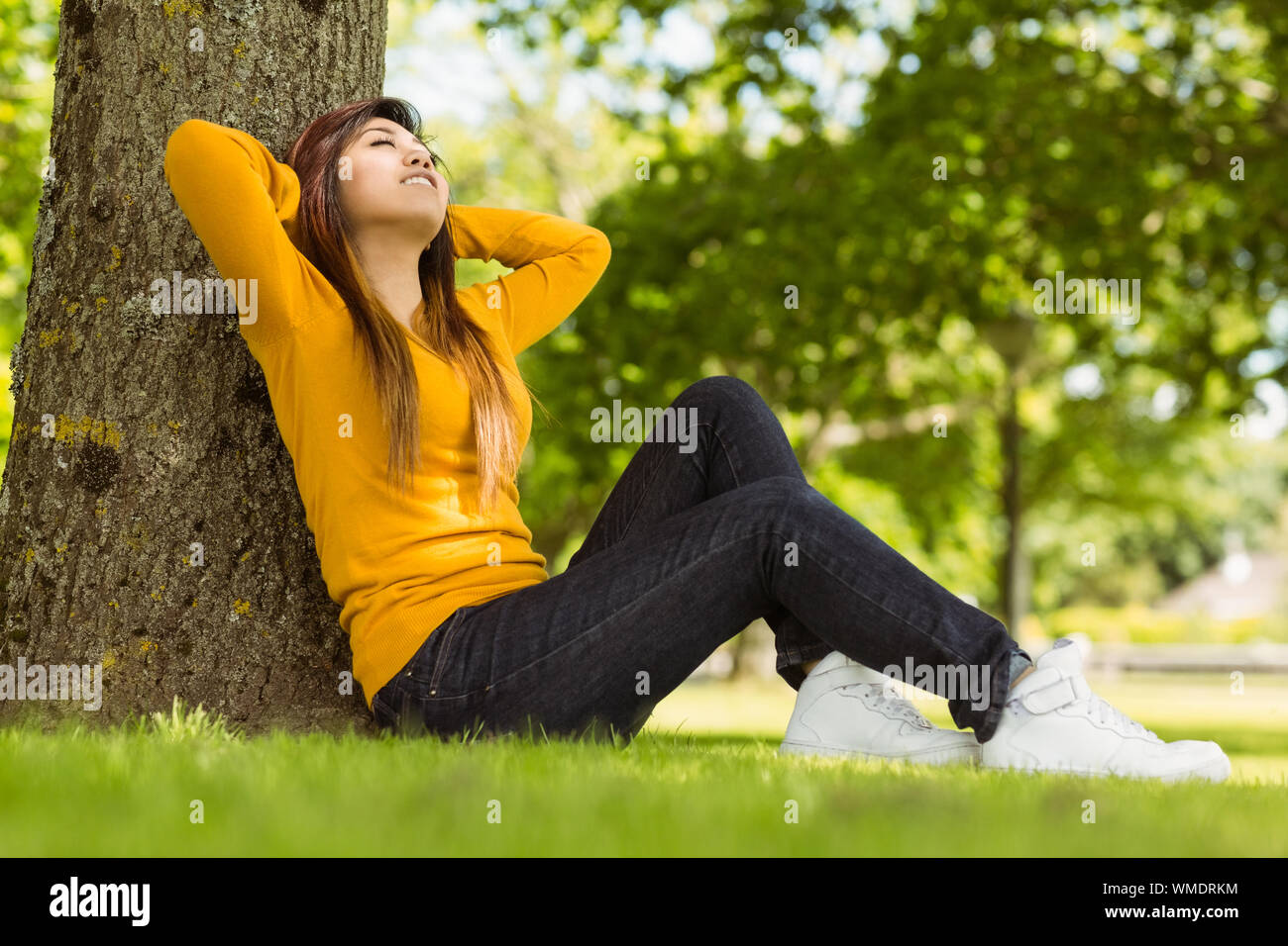 Side view of beautiful young woman sitting against tree in the park ...