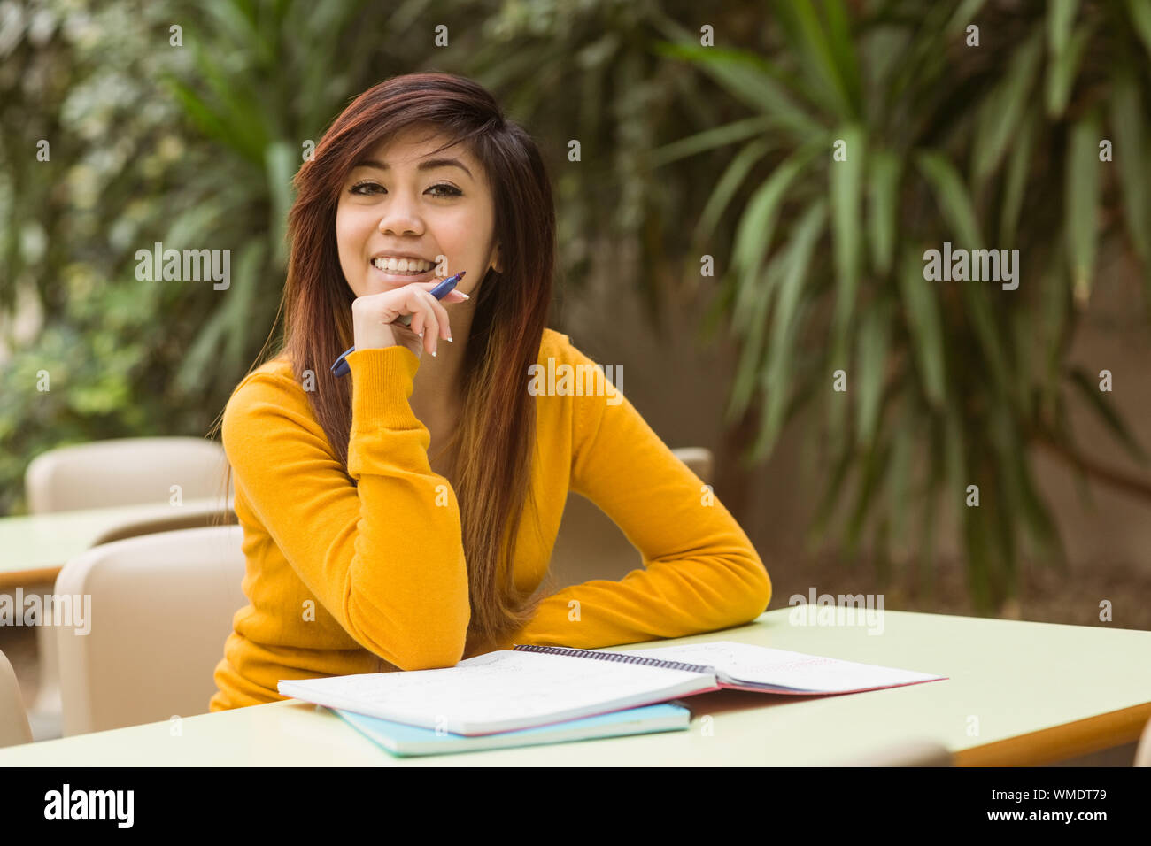 Portrait of female college student doing homework in outdoor canteen ...
