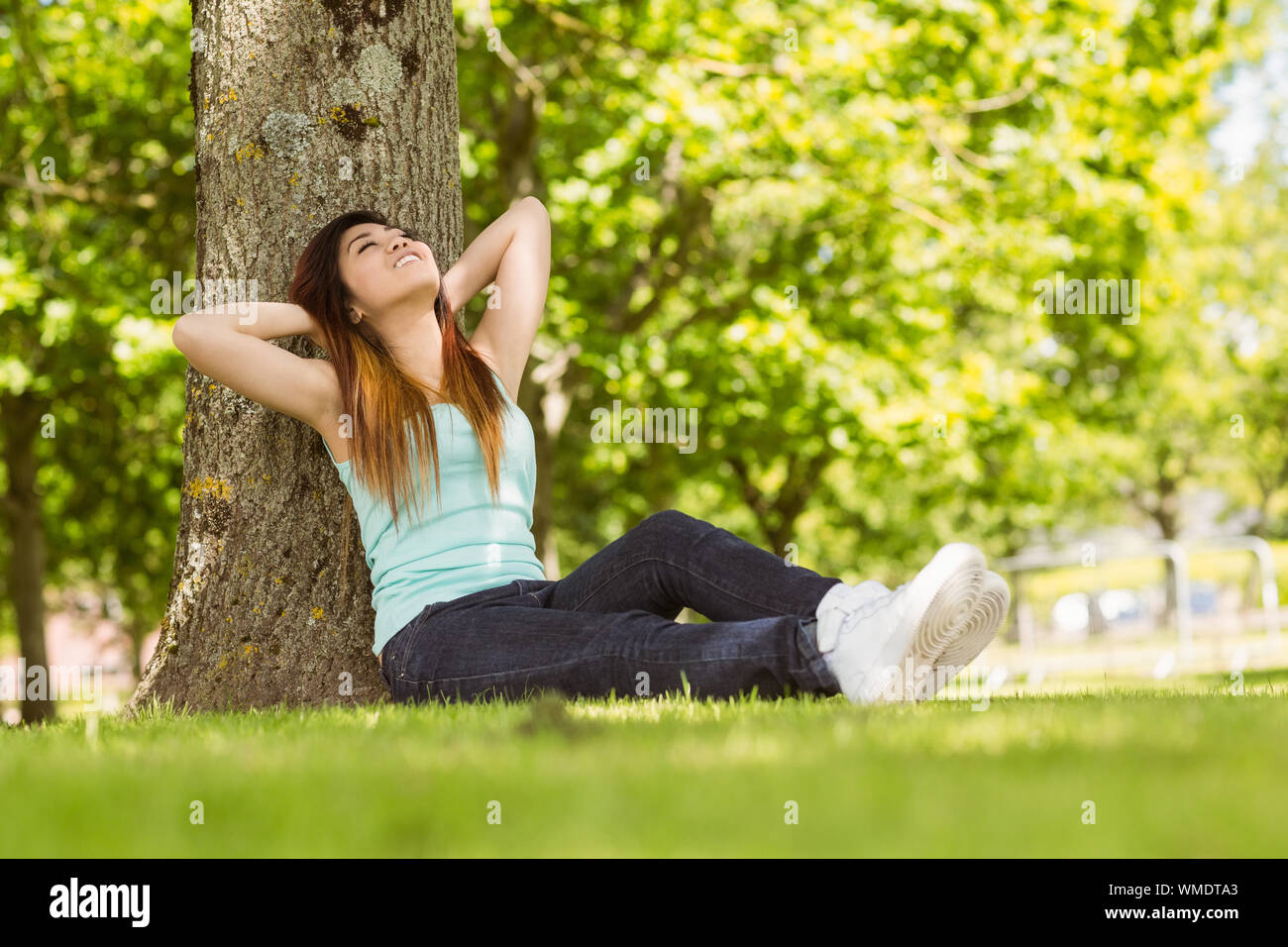 Side view of beautiful young woman sitting against tree in the park ...