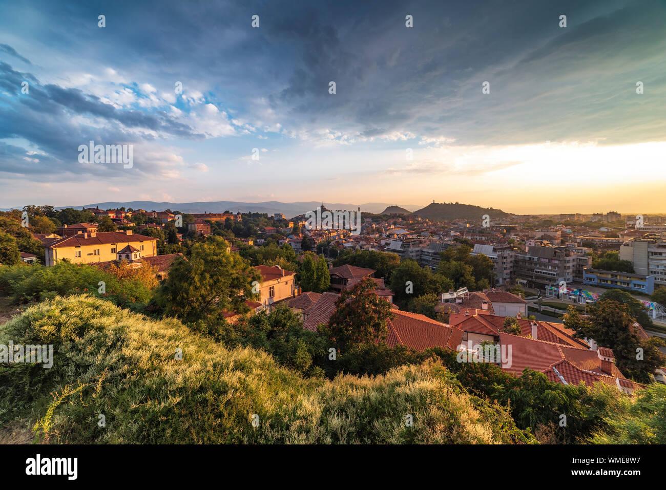 Summer sunset cityscape from Nebet tepe Hill in Plovdiv city, Bulgaria ...
