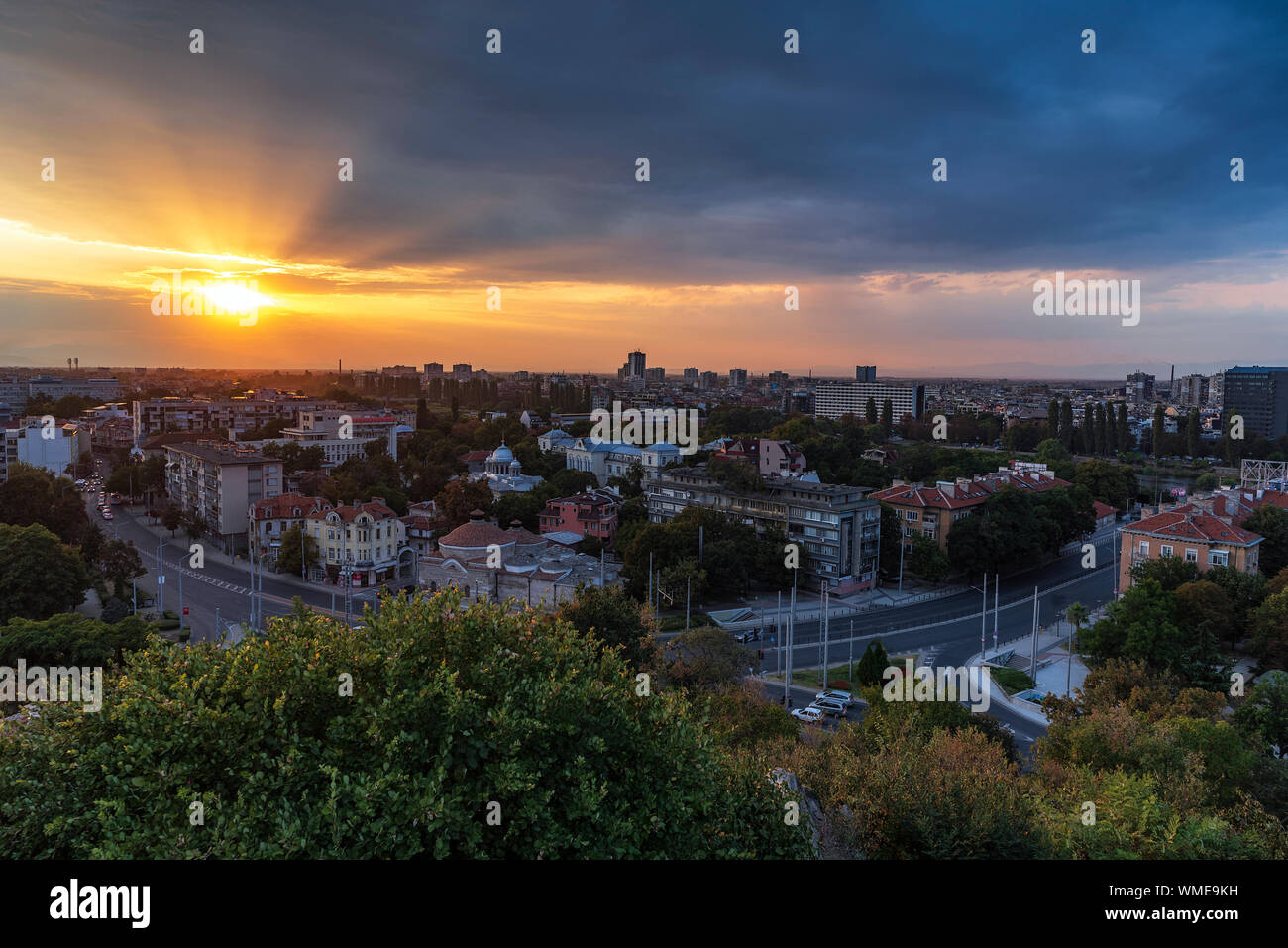 Summer sunset cityscape from Nebet tepe Hill in Plovdiv city, Bulgaria ...