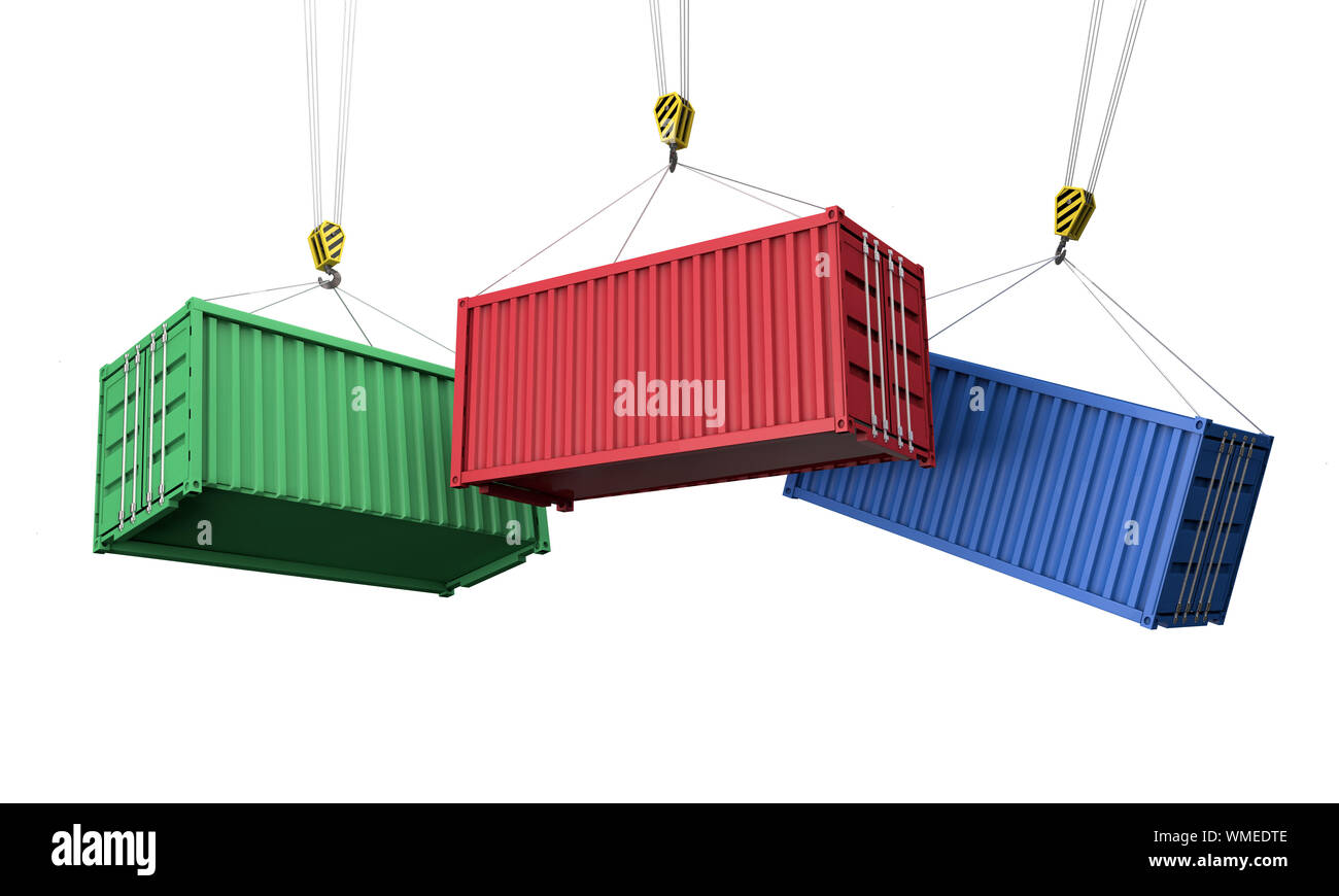 Shipping containers hanging from a crane. Business delivery comcept. 3D ...