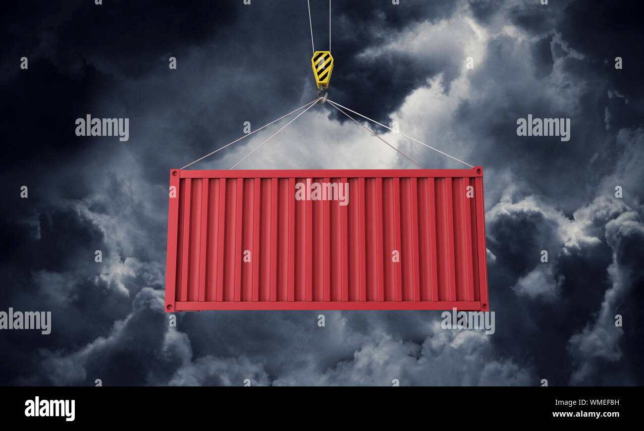 Shipping containers hanging from a crane against dark clouds. 3D Render ...