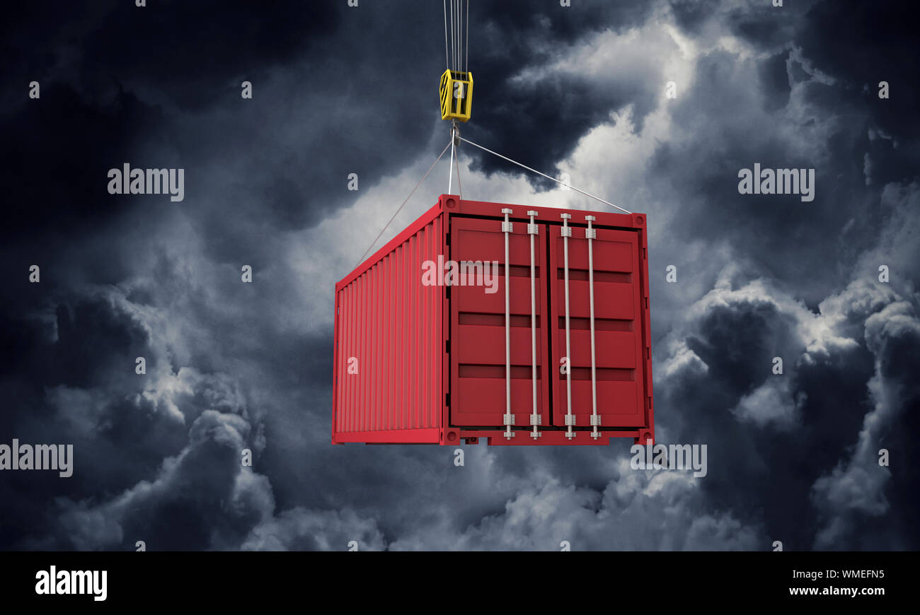 Shipping containers hanging from a crane against dark clouds. 3D Render ...