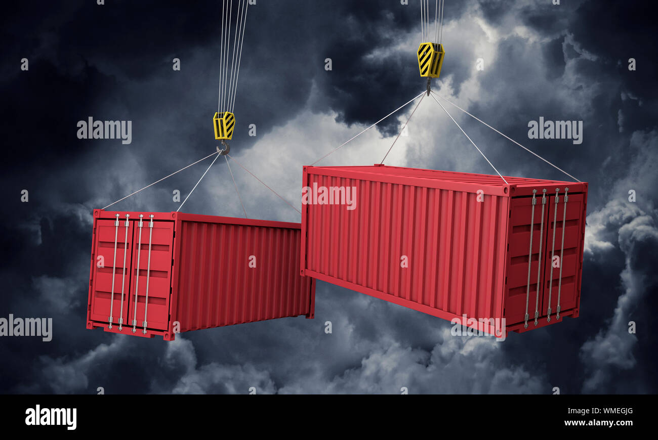 Shipping containers hanging from a crane against dark clouds. 3D Render ...