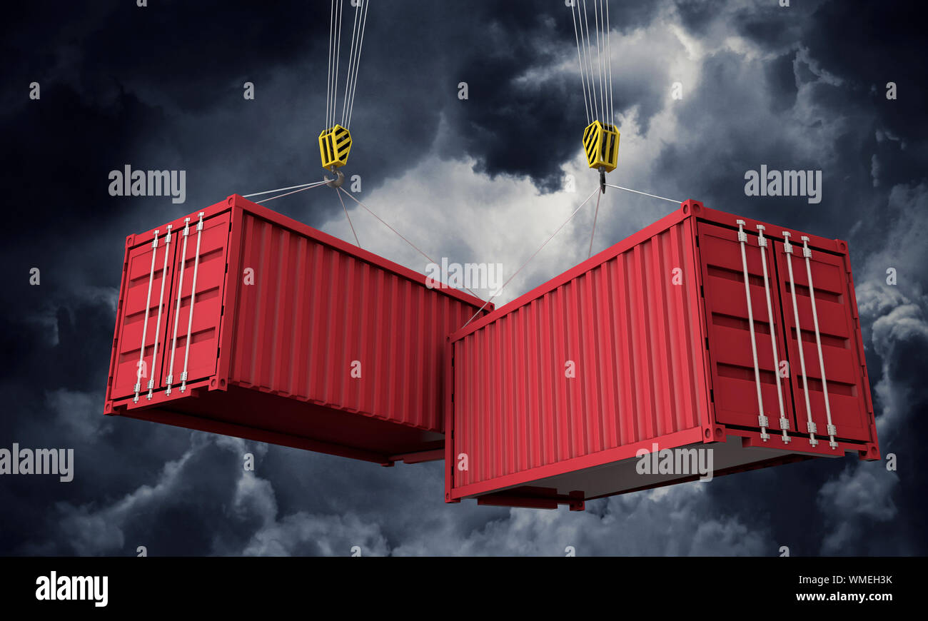 Shipping containers hanging from a crane against dark clouds. 3D Render ...