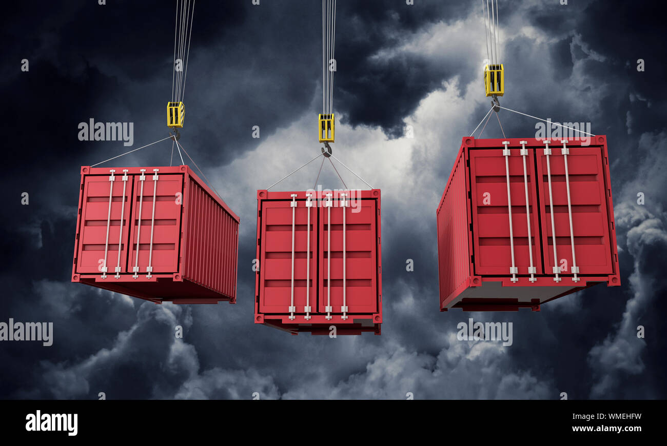 Shipping containers hanging from a crane against dark clouds. 3D Render ...