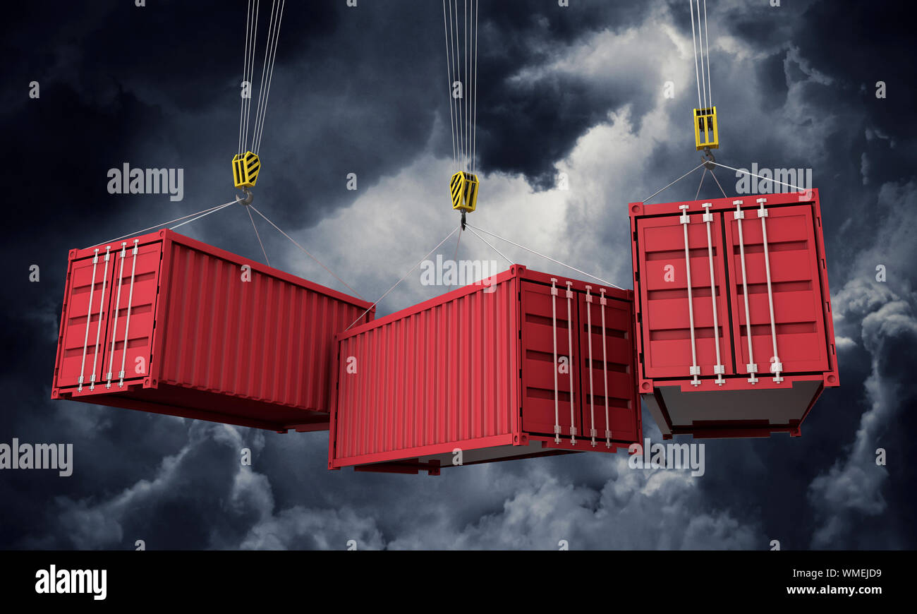 Shipping containers hanging from a crane against dark clouds. 3D Render ...