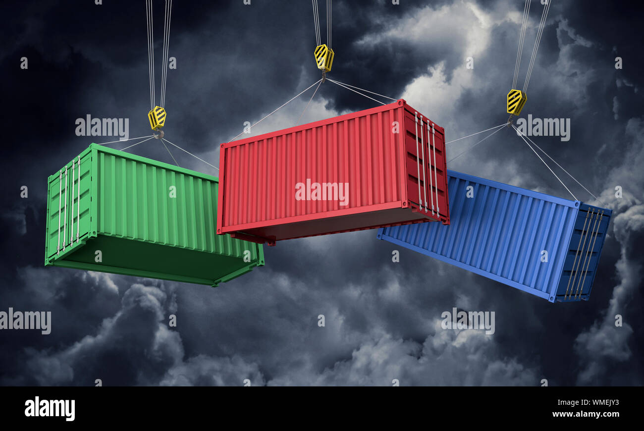 Shipping containers hanging from a crane against dark clouds. 3D Render ...