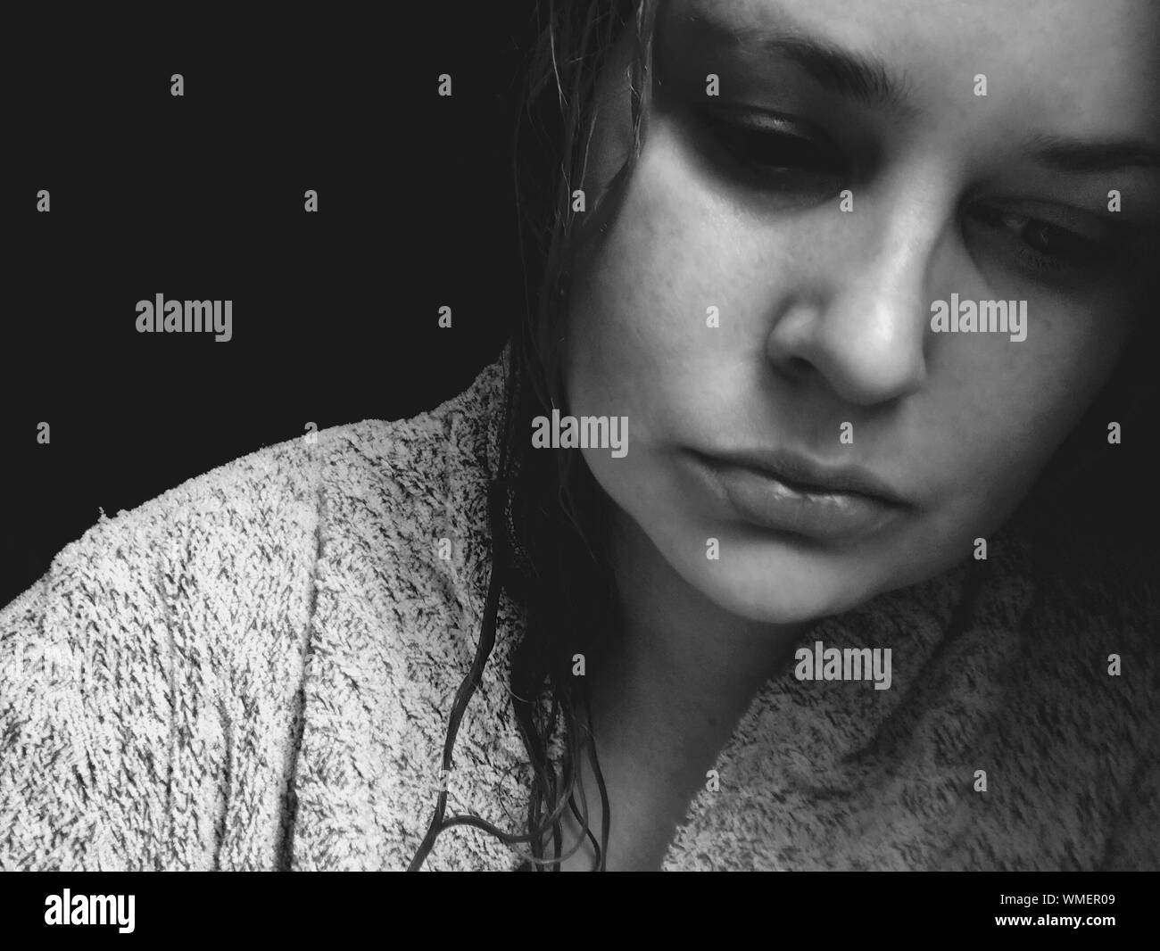 Close up sad face adult woman Black and White Stock Photos & Images - Alamy