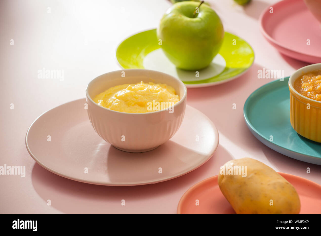 Natural baby food concept. Different types of vegetable puree on the ...