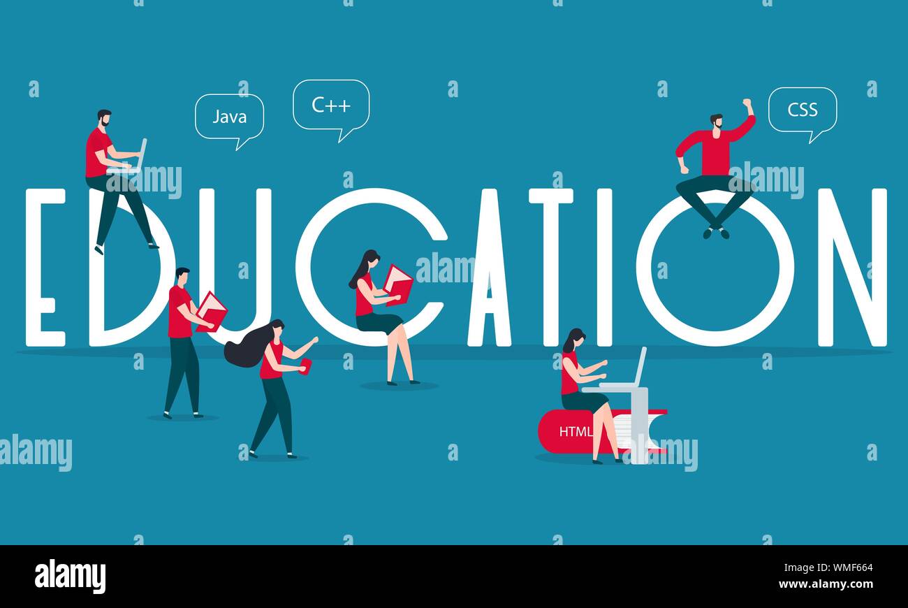 Vector illustration with inscription education, people studying manual ...