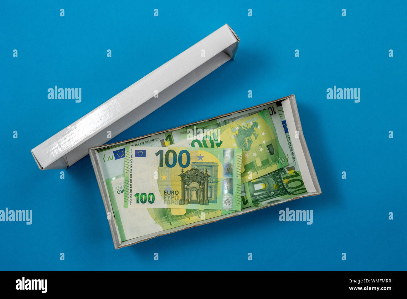 Money for savings or donations. Carton box full of Euro banknotes Stock ...