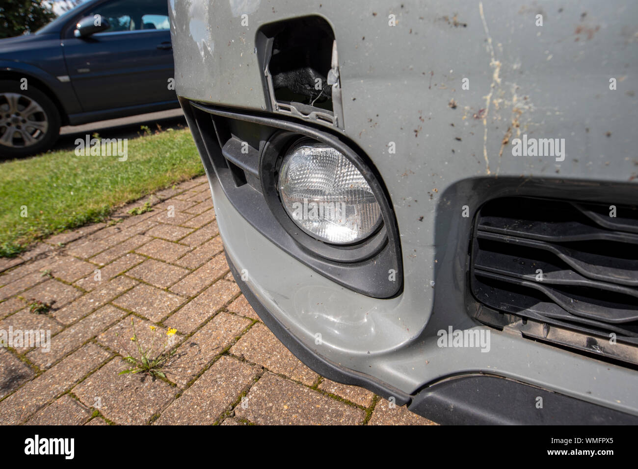 Front bumper car crash. Automobile accident. Damage to the front bumper ...