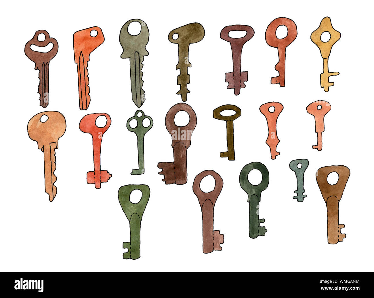 set of keys of different colors and shapes watercolor Stock Photo - Alamy