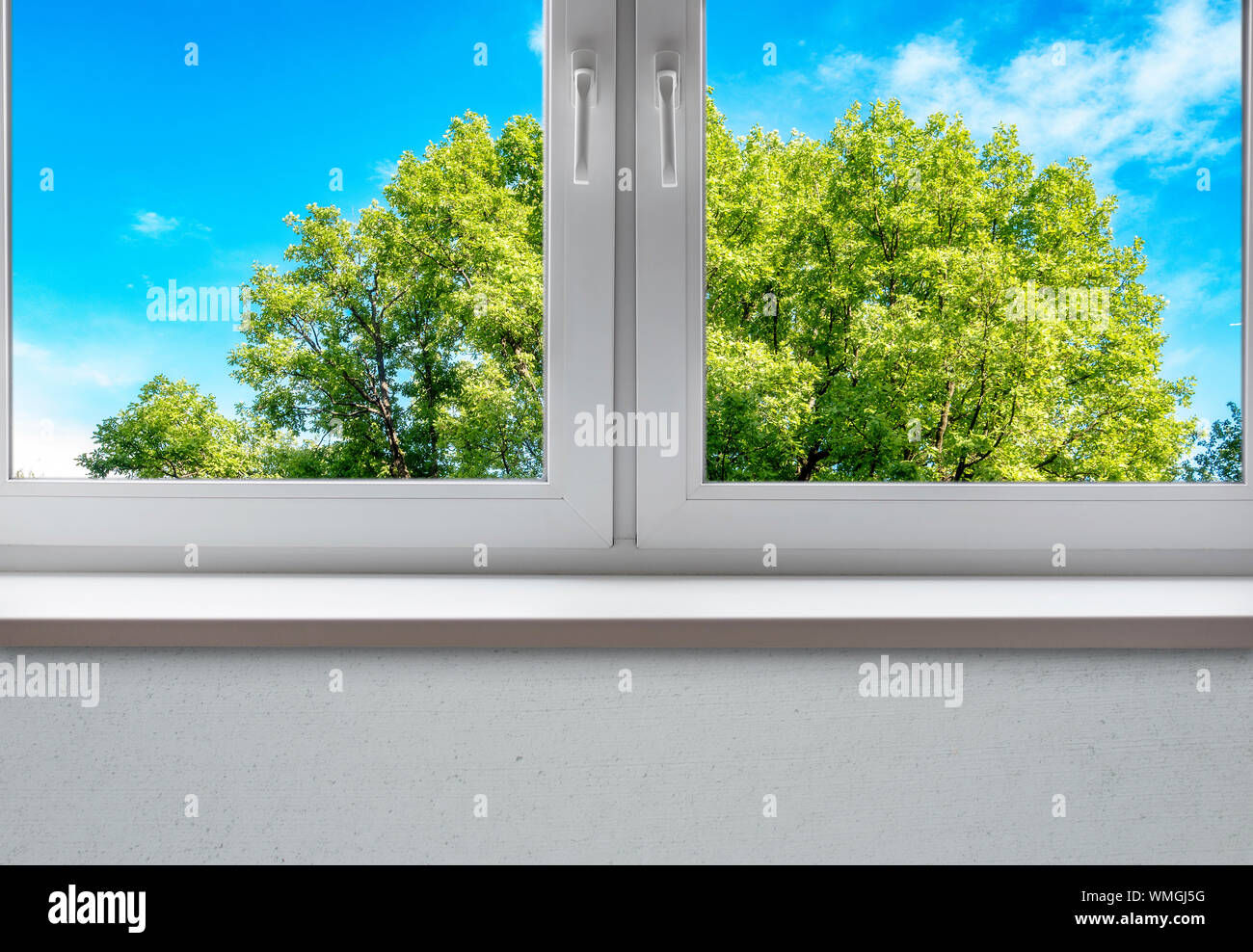 Modern Window with Frame and Sill, View to the Park, green Trees ...