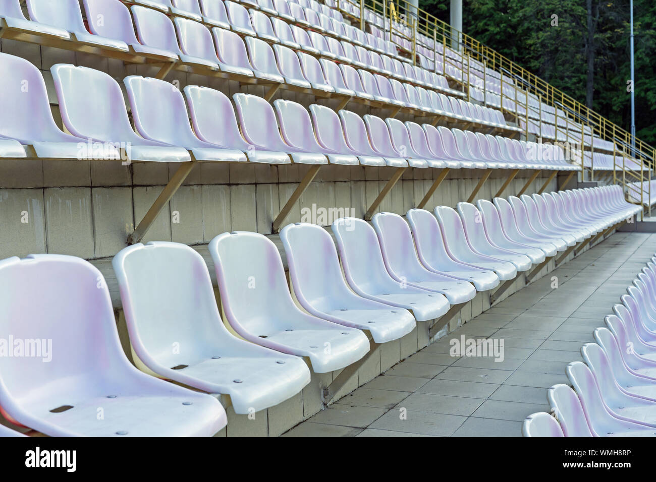 Plastic seats in the stadium. Tribune fans. Seats for spectators in the ...