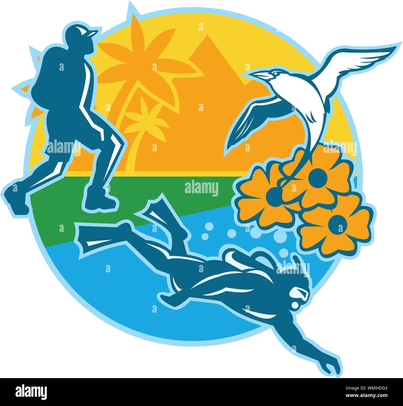 Hiker Scuba Diver Island Tropicbird Flowers Retro Stock Vector Image ...