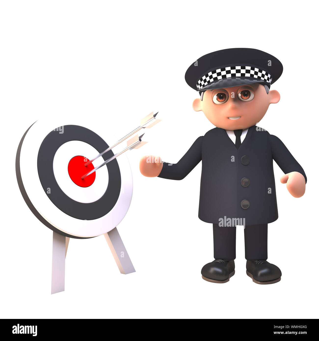 3d police officer in uniform standing next to a target with arrows in ...