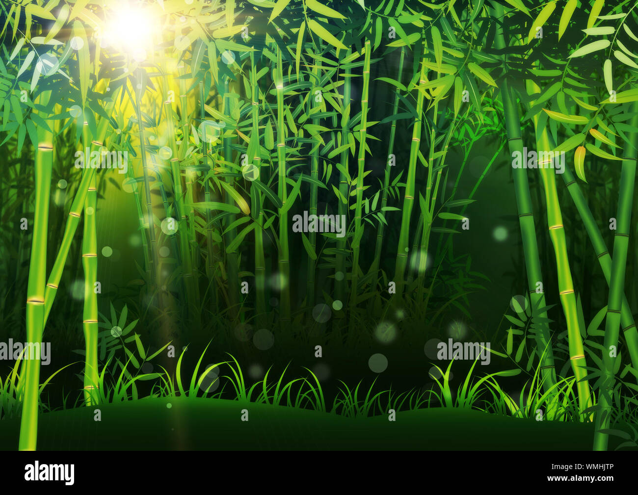 Green bamboo trees with leaves inside the forest landscape Stock Photo ...