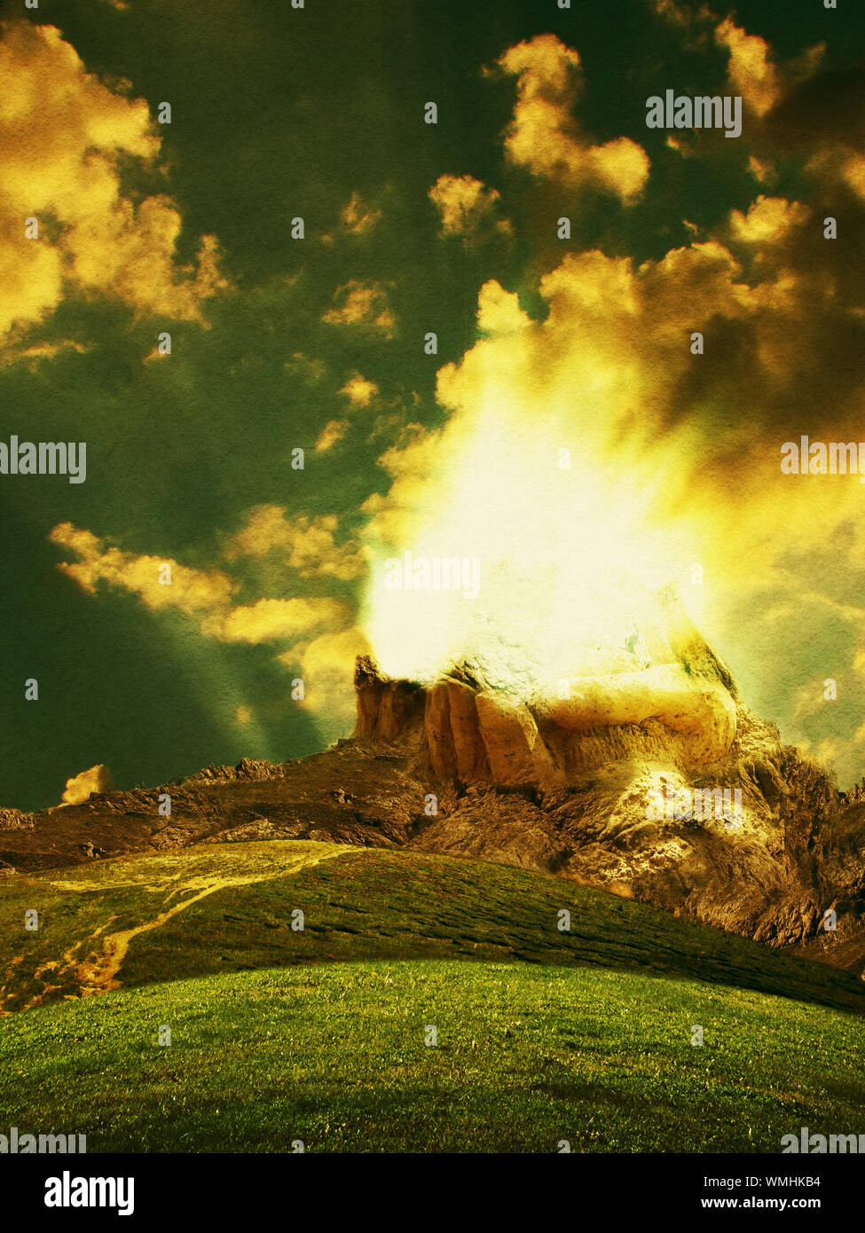 Exploding, burning mountain over cloudy sky grunge background, 3d ...