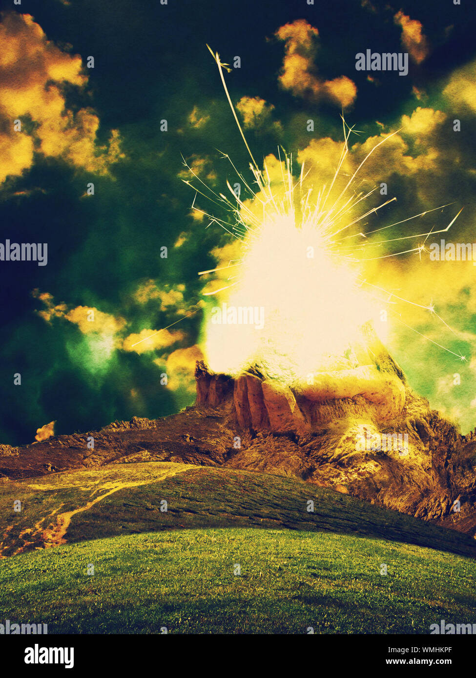 Exploding, burning mountain over cloudy sky grunge background, 3d ...