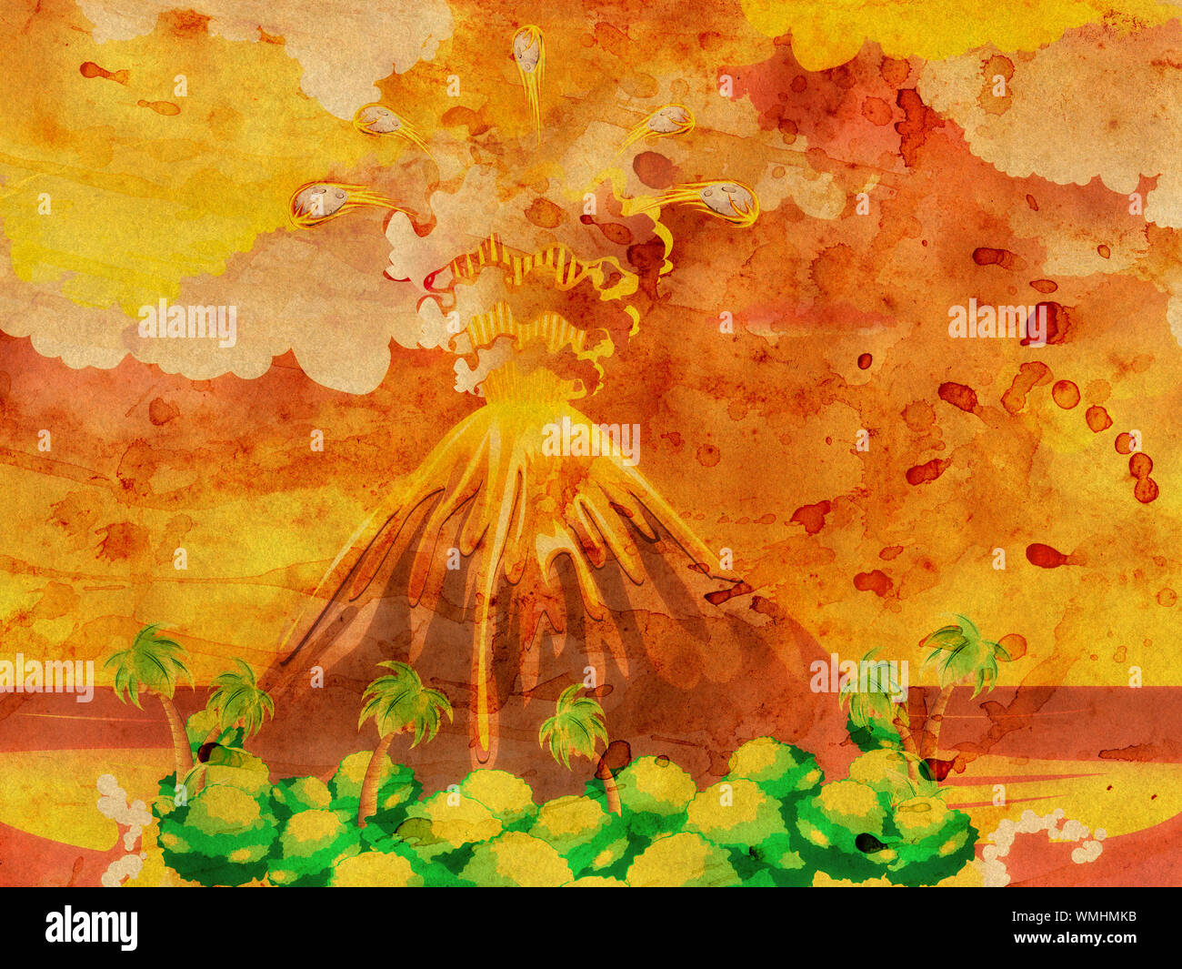 Illustration of cartoon volcano eruption with hot lava, grunge ...