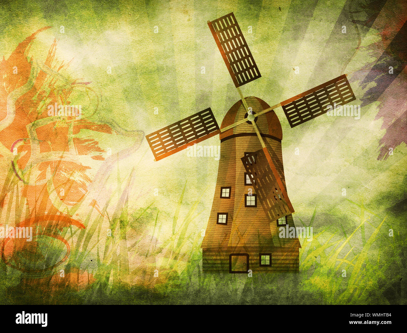 Abstract colorful illustration of grunge windmill background Stock ...