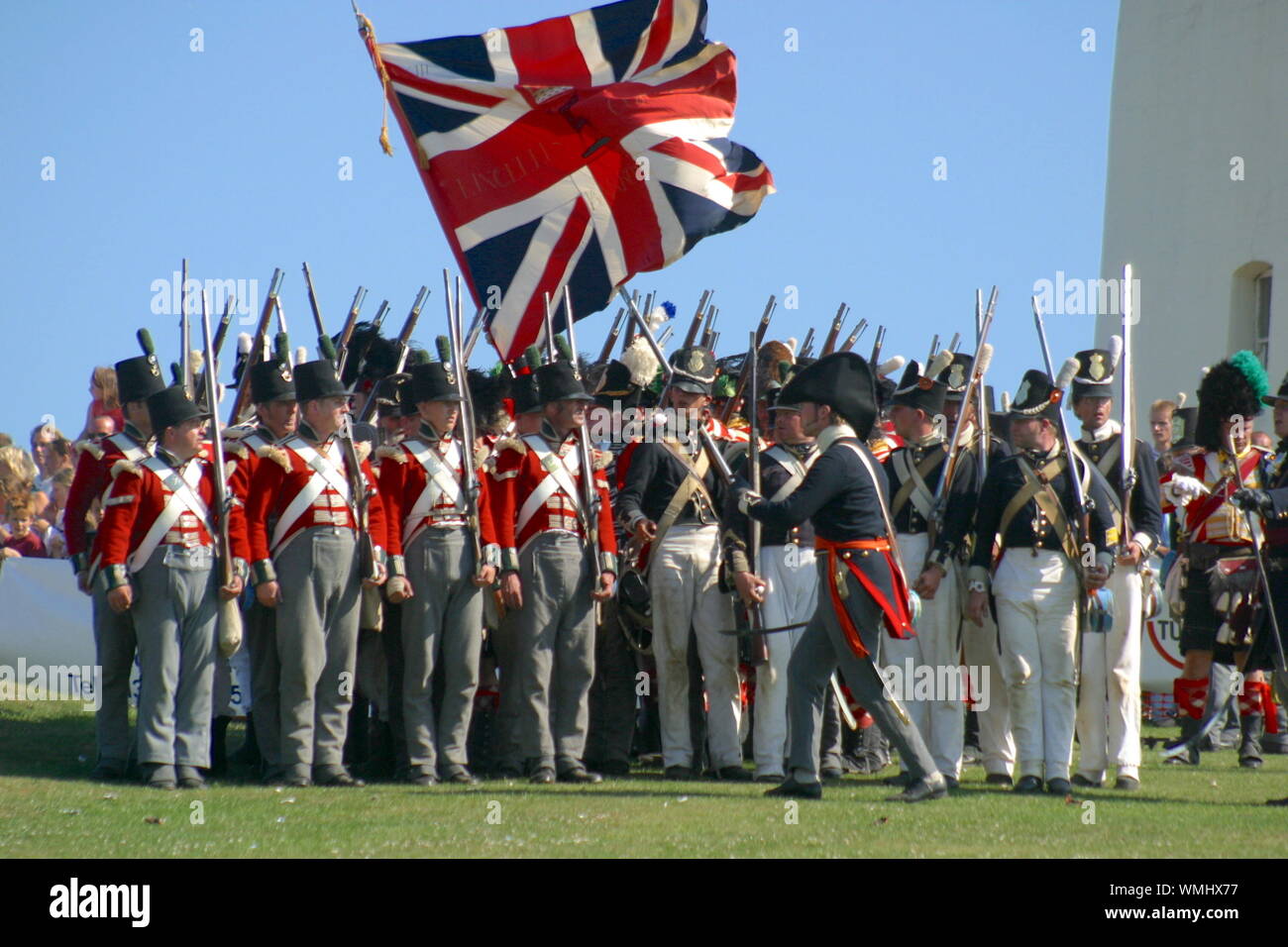 French and British soldiers of the Napoleonic Wars gather in Folkestone for a re-enactment of ...