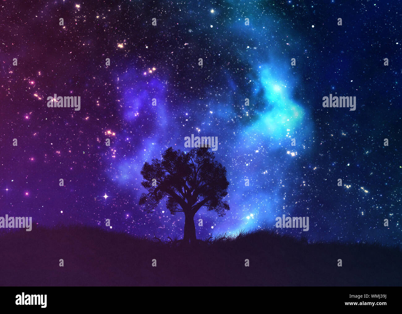 Fantasy night starry sky and alone tree background Stock Photo - Alamy