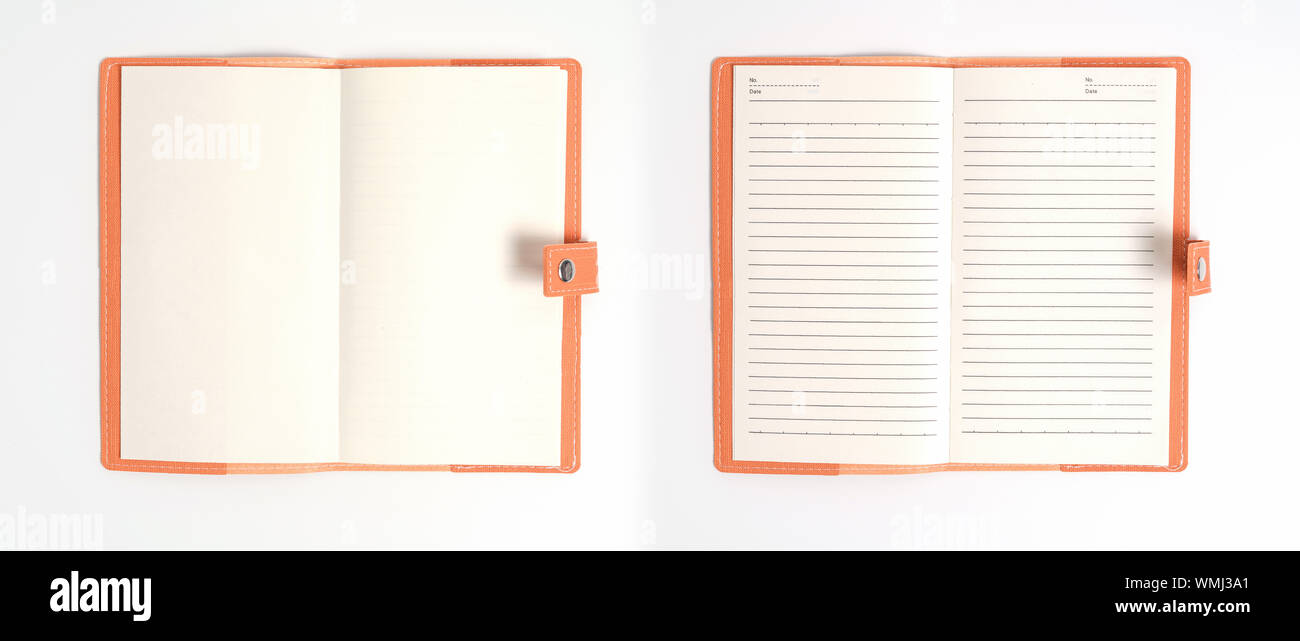 top view blank orange leather diary on white desk Stock Photo - Alamy