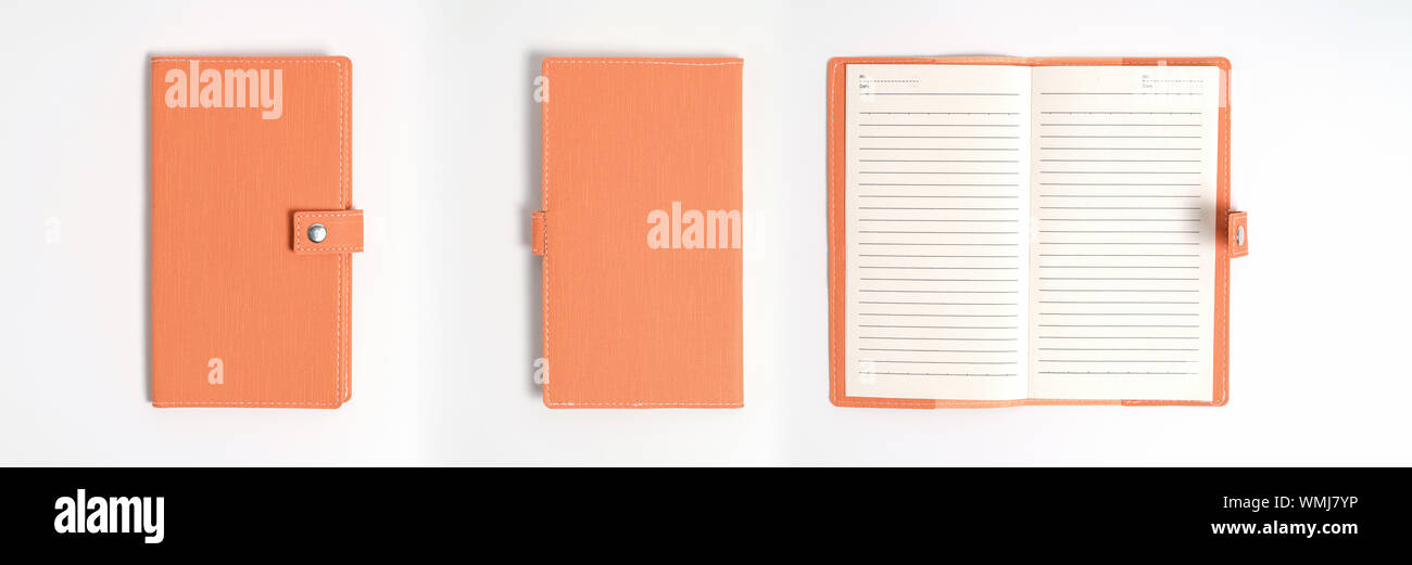 top view blank orange leather diary on white desk Stock Photo - Alamy