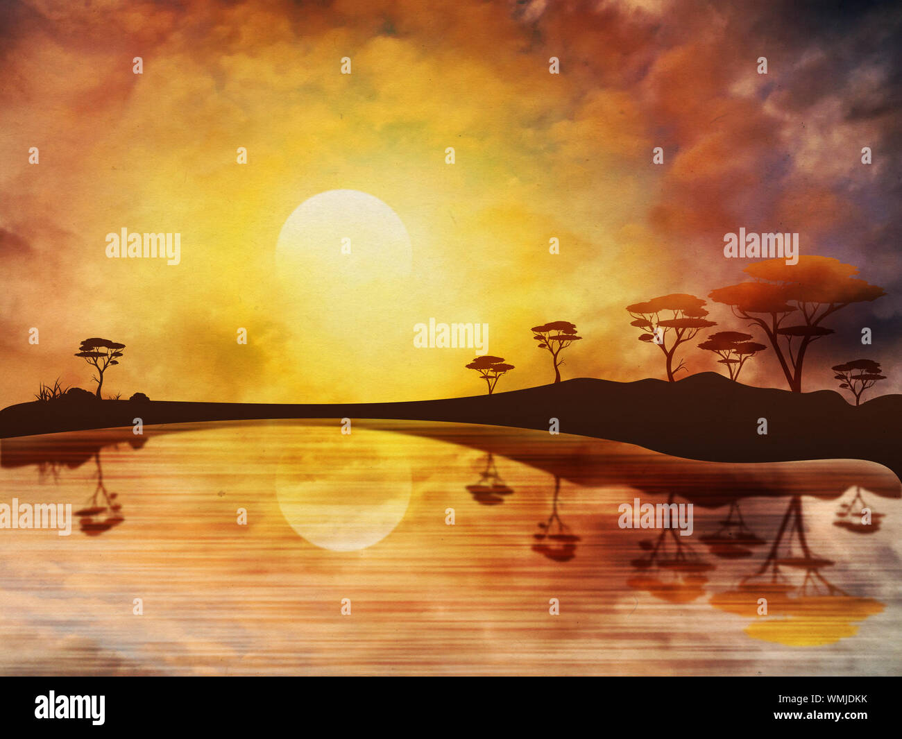 Abstract summer landscape with silhouettes of trees at sunset Stock ...