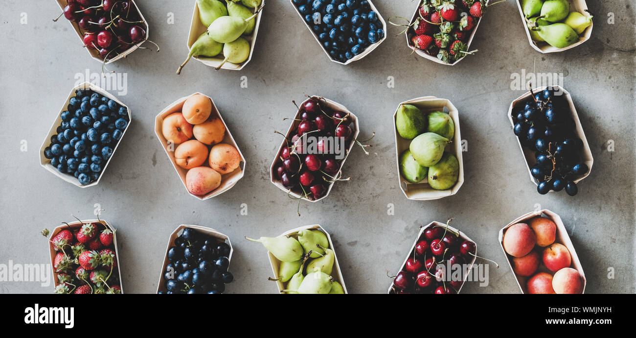 Summer fruit, berry assortment. Flat-lay of strawberries, cherries ...