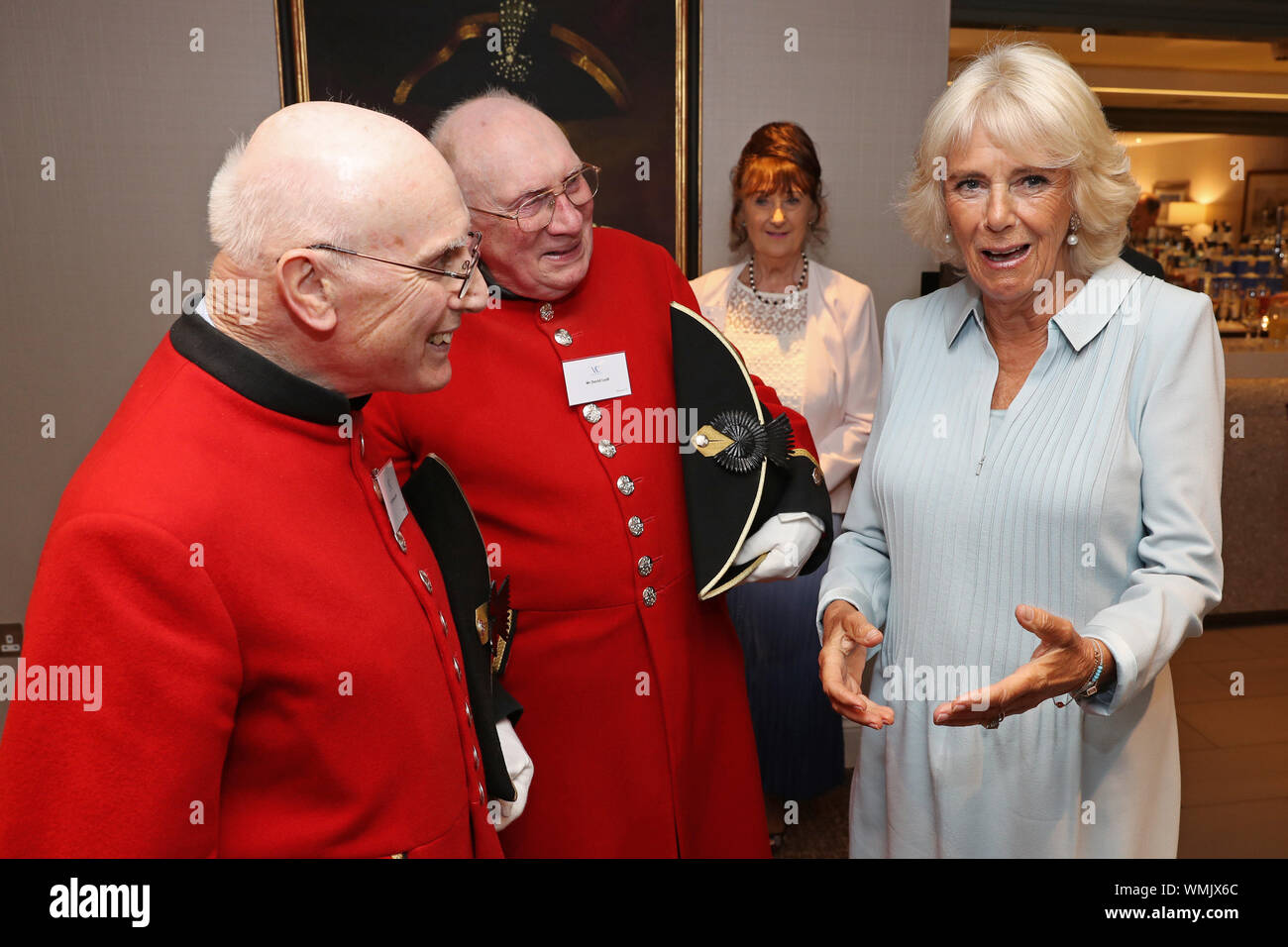 The Duchess of Cornwall talks to Thomas Lyall (left) and David Lyall at ...