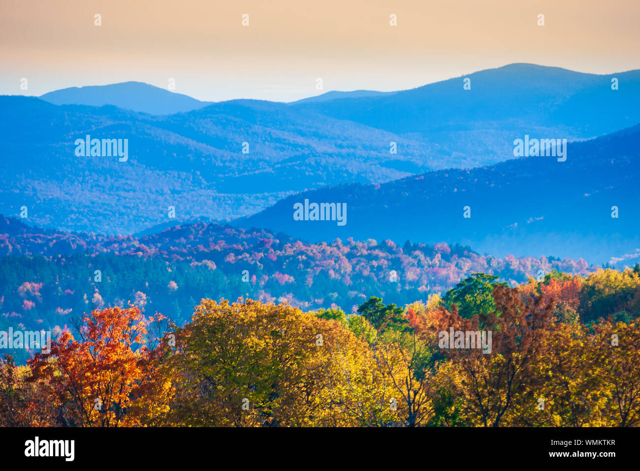 Colorful fall foliage mountain range, Stowe Vermont, USA Stock Photo ...