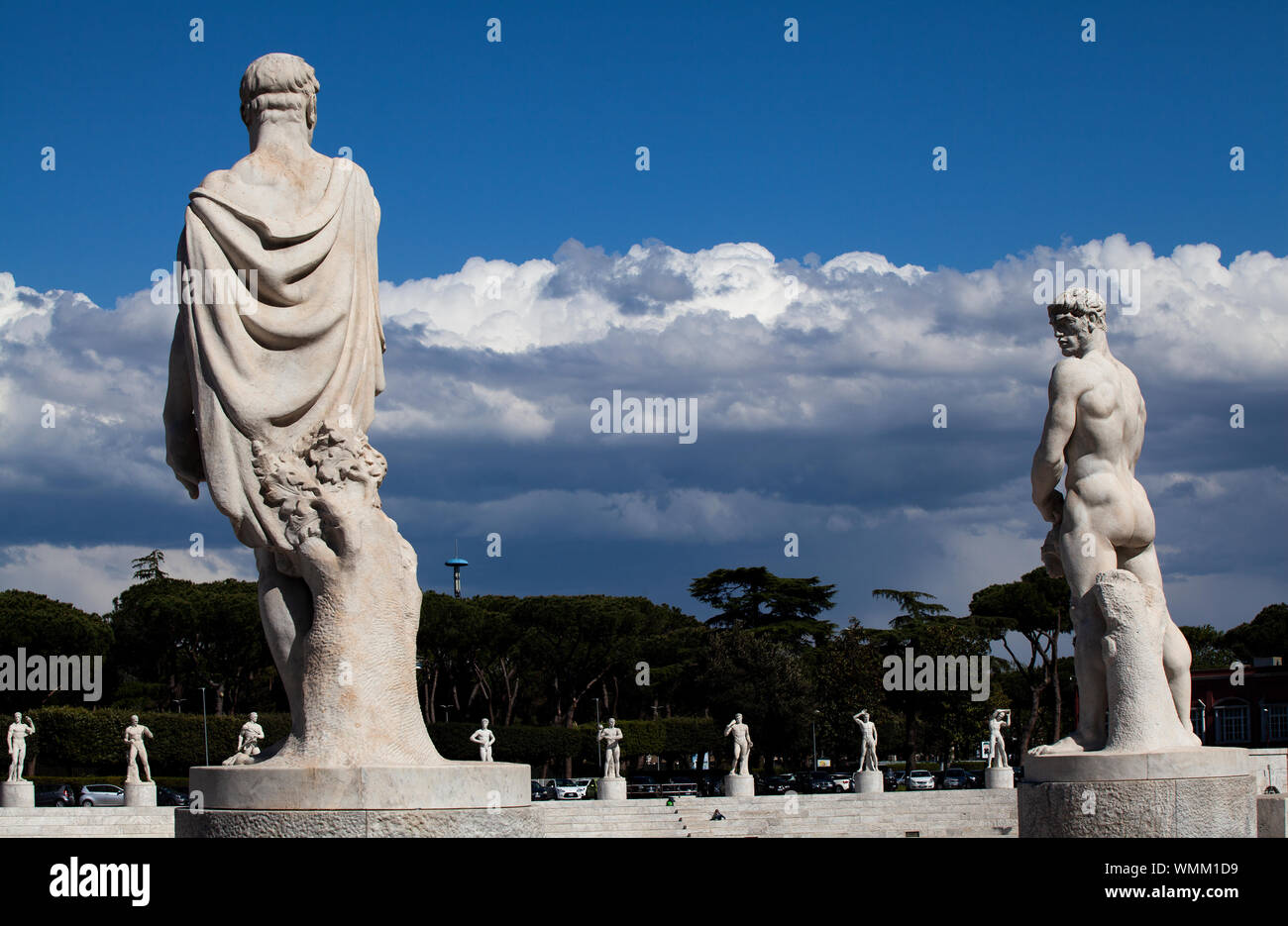 A view of the Stadio dei Marmi (Marble Stadium) in Rome. Two statues ...