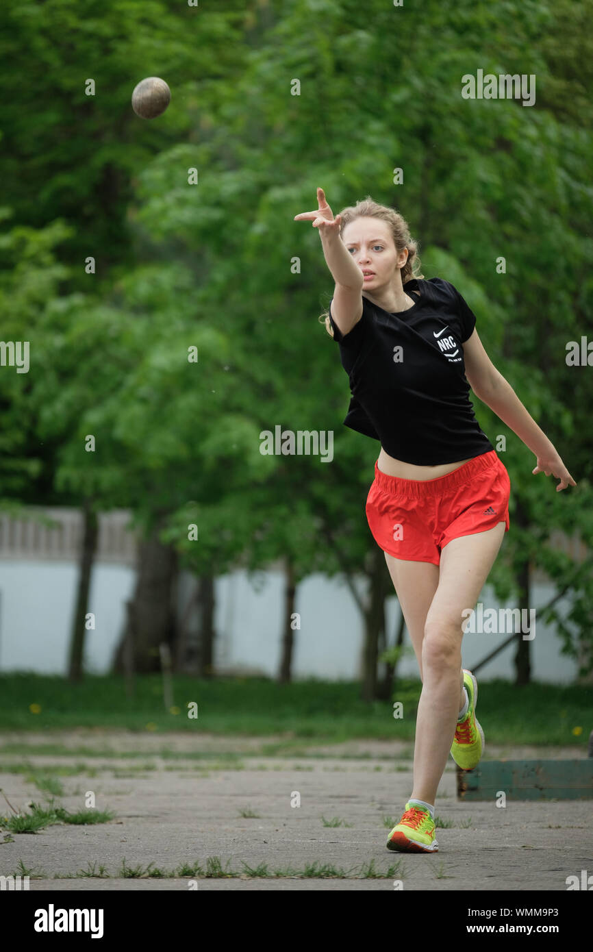 MOSCOW, RUSSIA - MAY 10, 2019: Russian athlete Julia Shafenkova throws ...